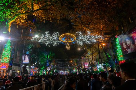 조명 된 공원 거리에서 장식 된 조명과 크리스마스 축하 행사는 기쁨과 연말 축제 분위기입니다 밤하늘 배경입니다 12월에 대한