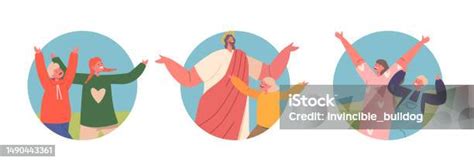 예수와 아이들 캐릭터는 즐거운 미소와 순진한 웃음으로 둘러싸인 녹색 들판에서 기뻐합니다 기도하기에 대한 스톡 벡터 아트 및 기타