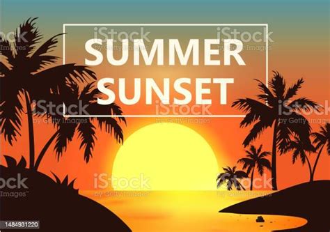 여름 배경입니다 야자수를 배경으로 한 여름 석양 바다 위의 일몰 저녁 하늘을 배경으로 여름 일몰을 글자로 쓴다 벡터 Summer Sundae에 대한 스톡 벡터 아트 및 기타