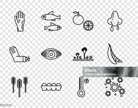 세트 라인 밀 박테리아 오렌지 과일 치킨 달걀 상자 건선 또는 습진 붉은 눈 알레르기 성 결막염 의료 디지털 온도계 및 신장 콩 아이콘과 손 벡터 감귤류 과일에 대한 스톡