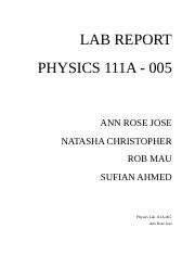 Physics 111A Lab Report 12 Docx LAB REPORT PHYSICS 111A 005 ANN