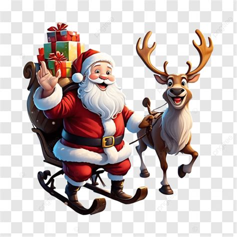 선물로 가득 찬 자루를 들고 썰매를 타거나 눈 덮인 배경 순록 앞에서 활짝 웃으며 손을 흔드는 명랑한 산타클로스 크리스마스 썰매 메리 크리스마스 산타 클로스 Png