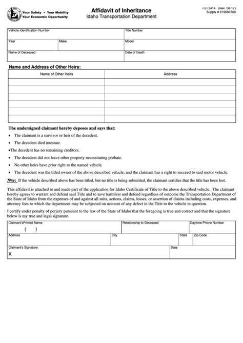 Fillable Form Itd 3414 Affidavit Of Inheritance Idaho Transportation Department Printable