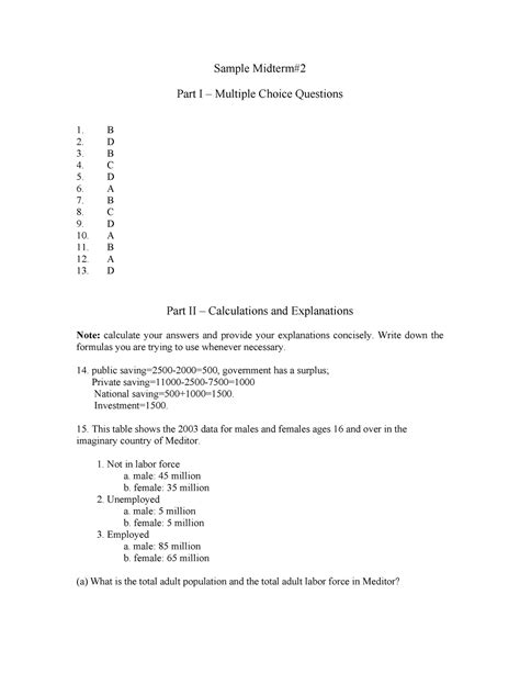 Sample Midterm Answer Key Spr Sample Midterm Part I Multiple Choice Questions B D
