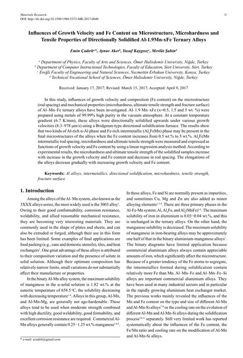 Pdf Influences Of Growth Velocity And Fe Content On Microstructure Microhardness And Tensile