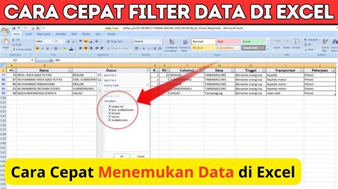 cara buat filter atau memfilter data di excel youtube