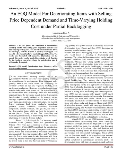 Pdf An Eoq Model For Deteriorating Items With Selling Price Dependent Demand And Time Varying