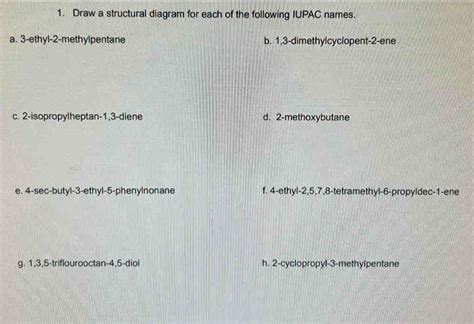 Solved 1 Draw A Structural Diagram For Each Of The Following Iupac