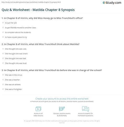 Quiz And Worksheet Matilda Chapter 8 Synopsis