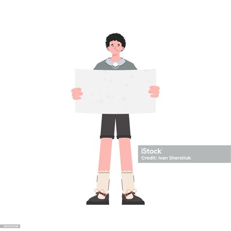 완전한 성장에 서있는 사람은 빈 시트를 보여줍니다 격리 플랫 스타일 프리젠 테이션 사이트를위한 요소 가정의 방에 대한 스톡 벡터