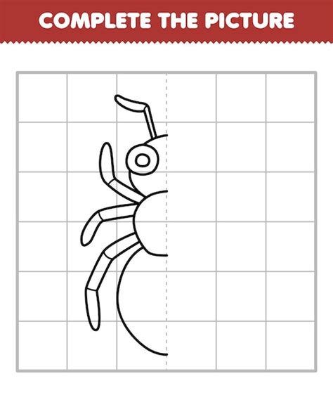 어린이를 위한 교육 게임은 인쇄 가능한 버그 워크시트를 그리기 위한 귀여운 만화 개미 반쪽 윤곽의 그림을 완성합니다 프리미엄 벡터