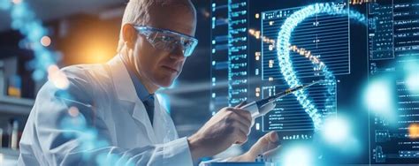 Scientist Examining Dna Sequence On Screen Premium Ai Generated Image