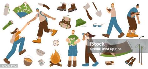 캠핑 및 하이킹 세트 캐릭터 개념 및 손으로 그린 요소 벡터 일러스트레이션 흰색 배경에 고립된 탐험을 위한 개체 남자에 대한 스톡 벡터 아트 및 기타 이미지 Istock