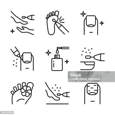 하드웨어 페디큐어 개요 아이콘이 설정되었습니다 발 관리 아이콘 다리가 있는 손 페디큐어 척추 교정 마사지 흰색 배경에 설정된