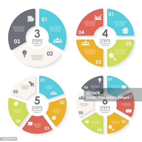 서클 다이어그램 옵션 웹 디자인 그래프 및 원형 인포그래픽을 위한 템플릿을 설정합니다 3 4 5 6 요소 단계 또는 옵션이있는