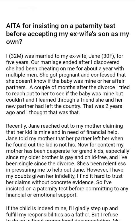 Aita For Insisting On A Test Before Accepting My Ex Wifes Son As My Own