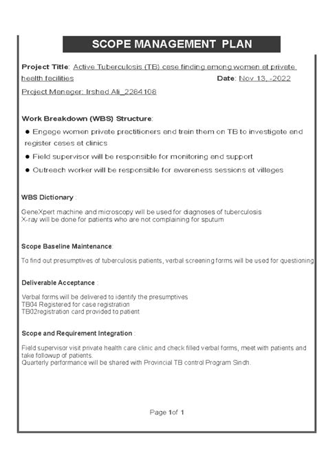 Scope Management Plan SCOPE MANAGEMENT PLAN Project Title Active Tuberculosis TB Case