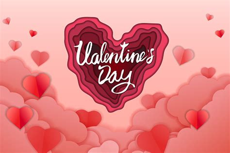 발렌타인 데이 종이 컷 공예 디자인 배너 빨간 분홍색 마음과 구름 인사말 카드 초대 벡터용 템플릿 배경 14에 대한 스톡 벡터 아트 및 기타 이미지 Istock