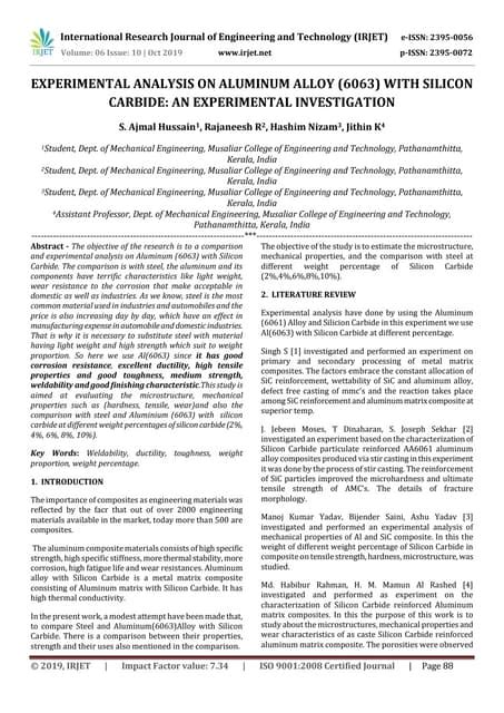 Irjet Experimental Analysis On Aluminum Alloy 6063 With Silicon Carbide An Experimental