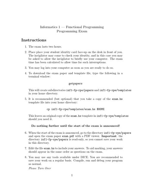 Instructions Informatics 1 Functional Programming Programming Exam Pdf Test Assessment