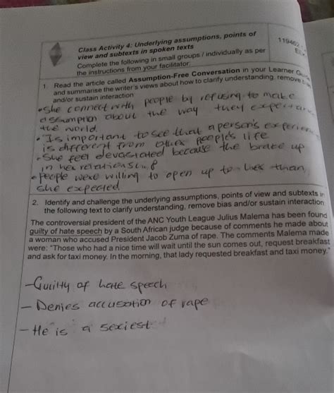 Solved Class Activity 4 Underlying Assumptions Points Of 119462· View And Subtexts In Spoken