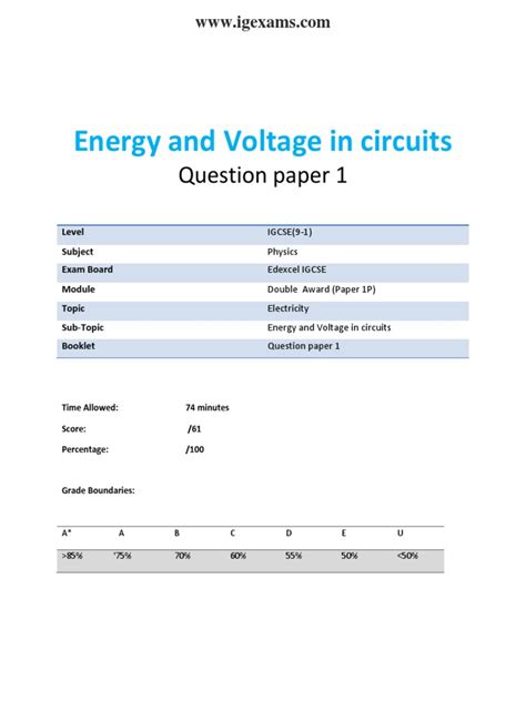 6 1 Energy And Voltage In Circuits 1p Edexcel Igcse Physics Qp Pdf Electrical Resistance