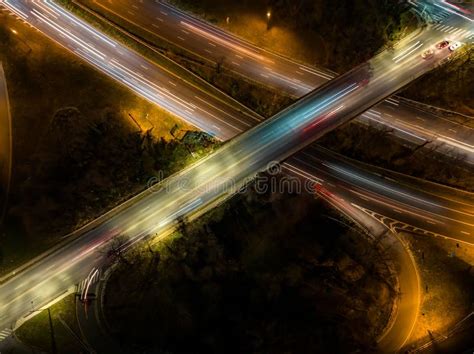 Aerial View Of An Exit Ramp Of A Highway At Night Stock Image Image Of Motion Light 263933043