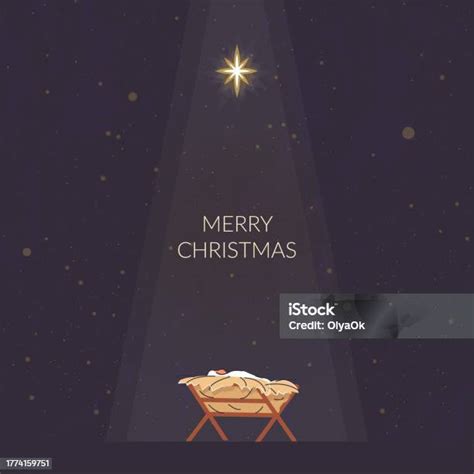 베들레헴 스타 미니멀리즘 배경입니다 큰 베들레헴 별과 함께 밤에 구유에 있는 아기 예수 의 크리스마스 장면 기독교 성탄절 텍스트 메리 크리스마스 벡터 배너 예수 탄생 성탄