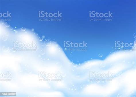 거품이있는 사실적인 비누 거품이있는 아름다운 파란색 배경 샴푸 거품 질감 빛나는 세척 위생 세제 텍스트의 빈 장소입니다 벡터 일러스트레이션 경관에 대한 스톡 벡터 아트 및