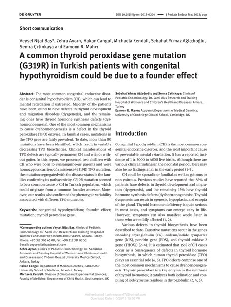 Pdf A Common Thyroid Peroxidase Gene Mutation G319r In Turkish Patients With Congenital