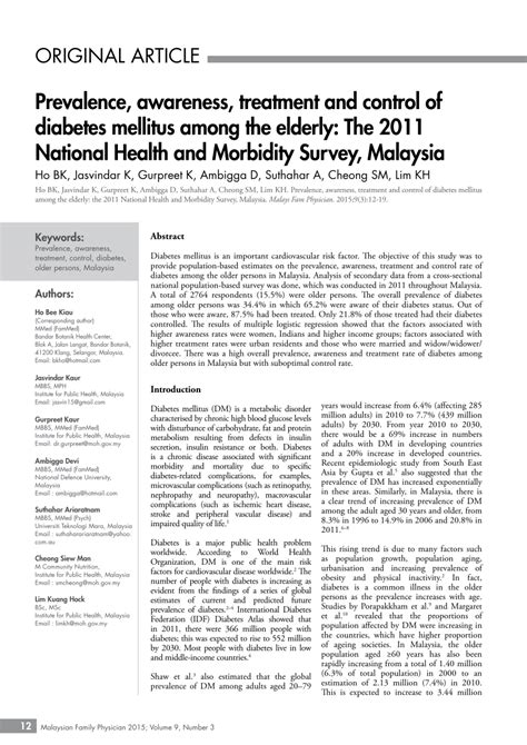 Pdf Prevalence Awareness Treatment And Control Of Diabetes Mellitus Among The Elderly The