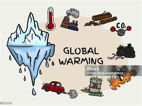 녹는 빙산과 지구 온난화와 기후 변화의 상징이 있는 다채로운 벡터 손으로 그린 그림 개념에 대한 스톡 벡터 아트 및 기타 이미지 개념 공장 산업 건물 구조 Istock