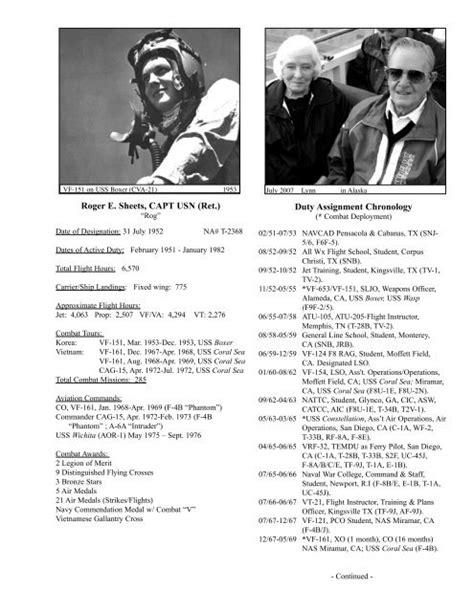 Roger E Sheets Capt Usn Ret Duty Assignment Chronology
