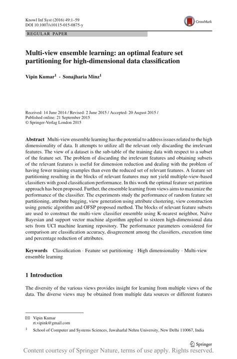 Multi View Ensemble Learning An Optimal Feature Set Partitioning For Highdimensional Data