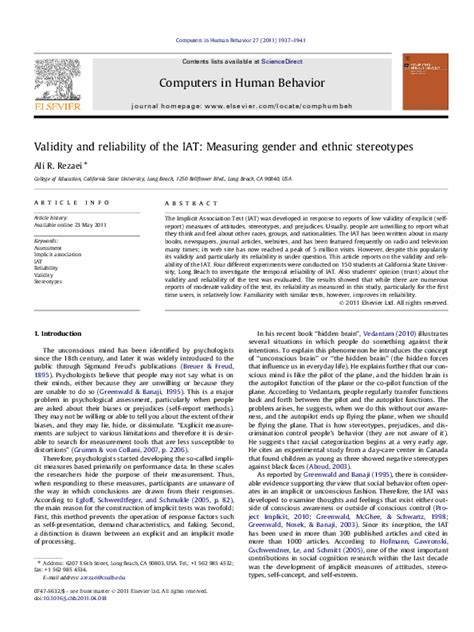 Pdf Validity And Reliability Of The Iat Measuring Gender And Ethnic Stereotypes