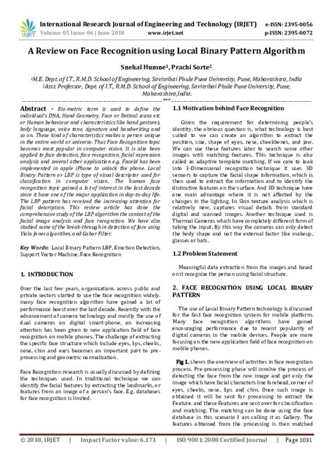 Pdf Irjet A Review On Face Recognition Using Local Binary Pattern Algorithm