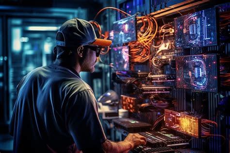 Premium Photo Technician Using Augmented Reality For Server Maintenance