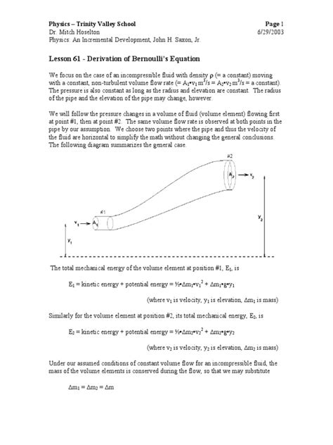 Lesson 61 Derivation Of Bernoullis Equation Pdf Gases Pressure