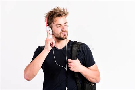 Music In Heart Unshaven Man Listening Music In Headset Muscular Man Listen Sport Music Stock