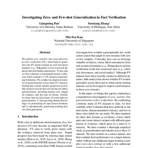 Investigating Zero And Few Shot Generalization In Fact Verification Acl Anthology