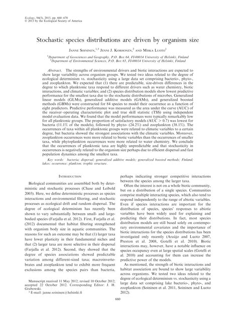 Pdf Stochastic Species Distributions Are Driven By Organism Size