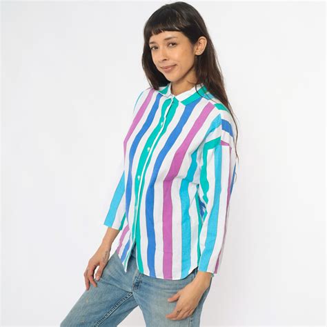 80s Striped Shirt Vertical Purple Blue Teal White Collared Long Sleeve