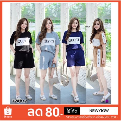 Set 2ชิ้น สาวอวบ สีทูโทน เสื้อคอกลม กางเกงขาสั้นเอวยืด 8412 Shopee Thailand