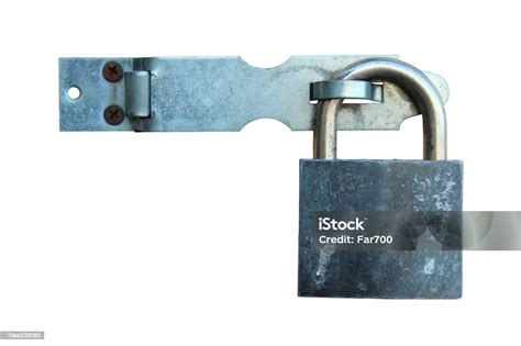 문과 힌지용 금속 자물쇠 클로즈업 흰색 배경에 격리된 개체입니다 격리 자물쇠에 대한 스톡 사진 및 기타 이미지 자물쇠
