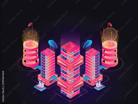 Big Data Server Connected To Database And Laptops On Brown Background Isometric Design For Data