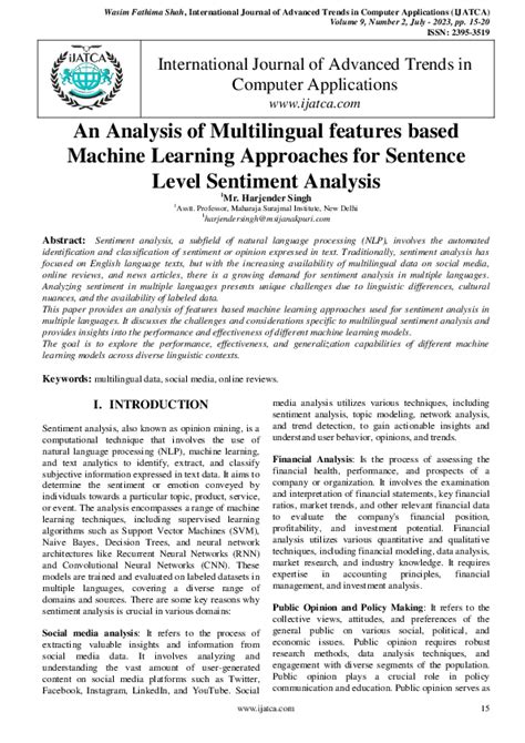 Pdf An Analysis Of Multilingual Features Based Machine Learning Approaches For Sentence Level