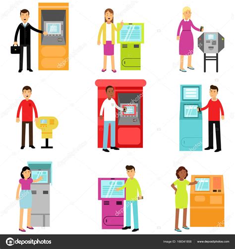 People Doing ATM Machine Money Deposit Or Withdrawal Set Man And Woman Using ATM Terminal