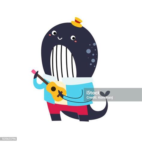 고립 된 평면 벡터 일러스트레이션을 장식 하는 어린이 스크랩 북을 위한 우쿨렐레 만화 캐릭터를 재생 하는 귀여운 푸른 고래 안녕하세요 여름 해변에서 행복한 휴가 고래에 대한