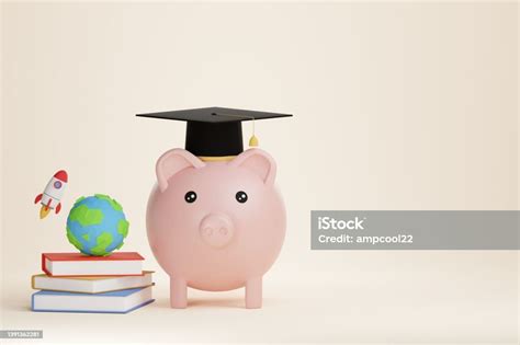 졸업 모자와 책 스택 지구 또는 행성 로켓을 착용 돼지 저금통 교육 절약 개념 3d 그림 렌더링 교육에 대한 스톡 사진 및 기타 이미지 Istock