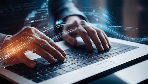 Man Typing Cybersecurity Software Engineer Hands A Blue Background With